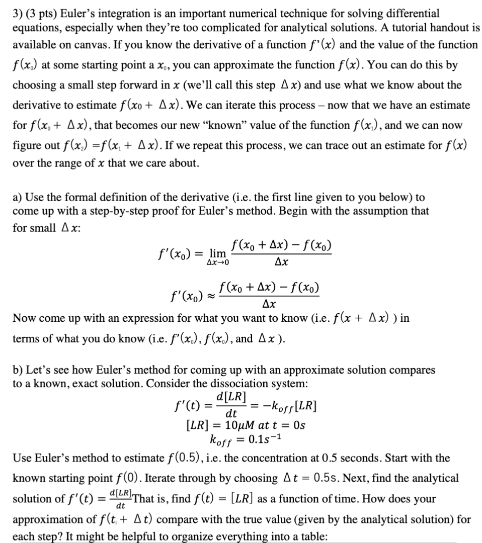 Solved 3) (3 pts) Euler's integration is an important | Chegg.com