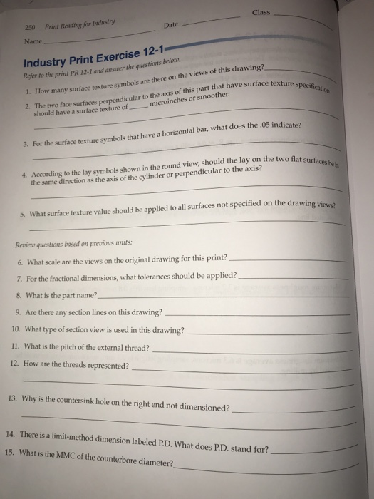 Solved Class 250 Print Reading for Industry Name Date | Chegg.com