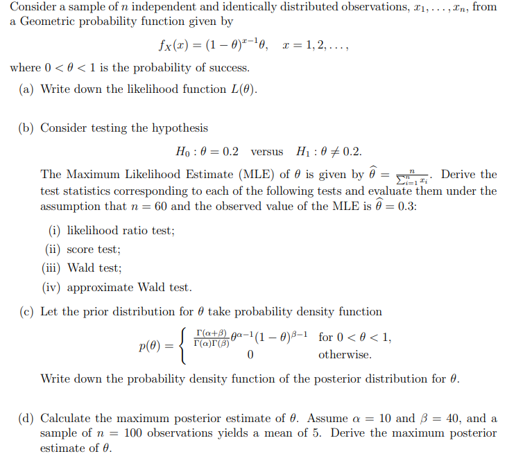 Solved Consider a sample of n independent and identically | Chegg.com