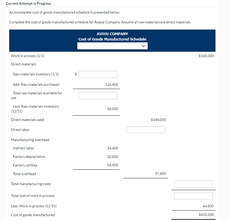Solved Current Attempt in Progress An incomplete cost of | Chegg.com