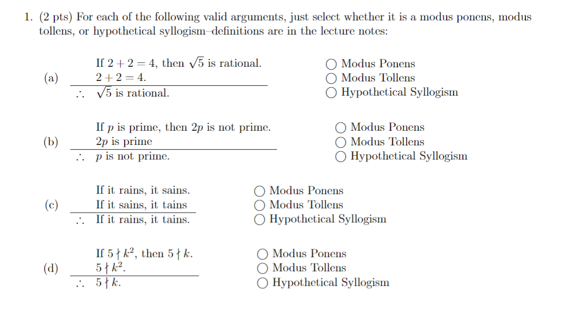 Solved 1. (2 pts) For each of the following valid arguments, | Chegg.com