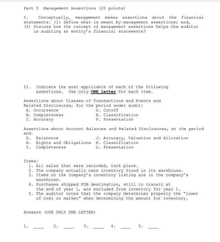Solved Part 5 Management Assertions (20 points) I. | Chegg.com