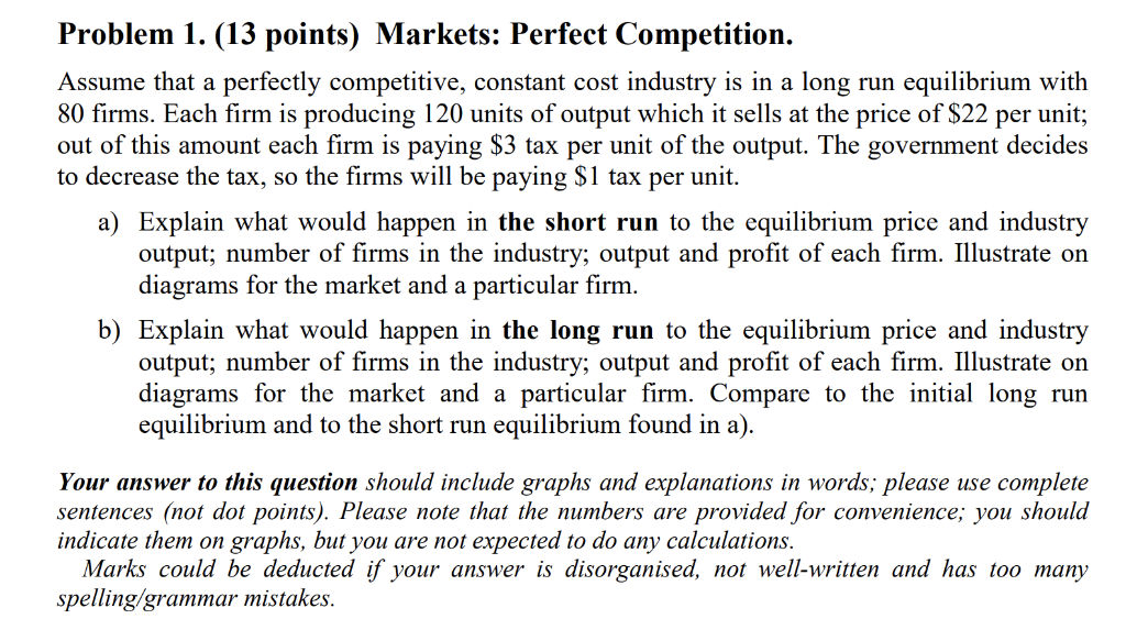 Solved Problem 1. (13 points) Markets: Perfect Competition. | Chegg.com