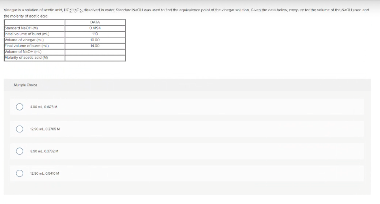 Solved Vinegar is a solution of acetic acid, HC2H302, | Chegg.com