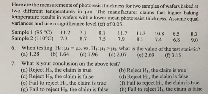 Solved Here are the measurements of photoresist thickness | Chegg.com