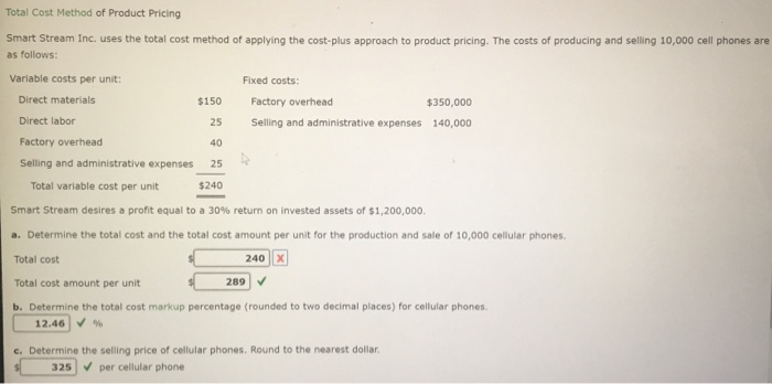 Solved Total Cost Method of Product Pricing Smart Stream | Chegg.com