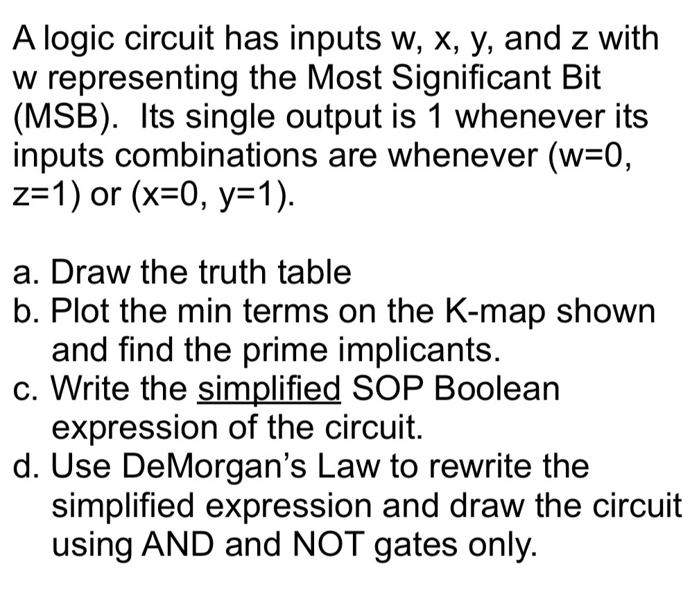 Solved A logic circuit has inputs w, x, y, and z with w | Chegg.com