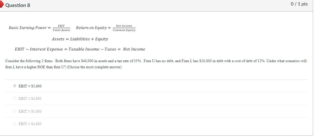Solved Basic Earning Power = Total Assets EBIT Return on | Chegg.com