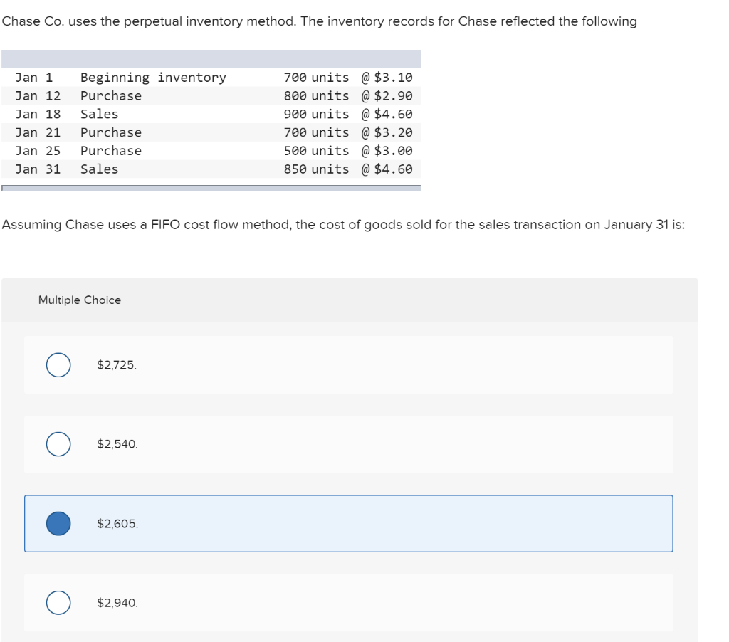 Solved Chase Co. uses the perpetual inventory method. The | Chegg.com Solved Chase Co. uses the perpetual inventory method. The | Chegg.com