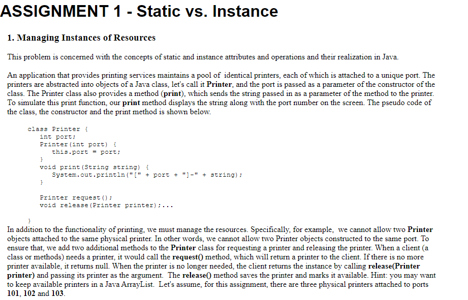 Solved ASSIGNMENT 1 - Static vs. Instance 1. Managing | Chegg.com