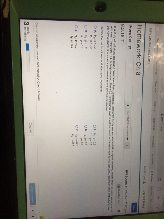 Solved MTH 245 Statistics 52019 Homework: Ch 8 Score: 0 of 1 | Chegg.com