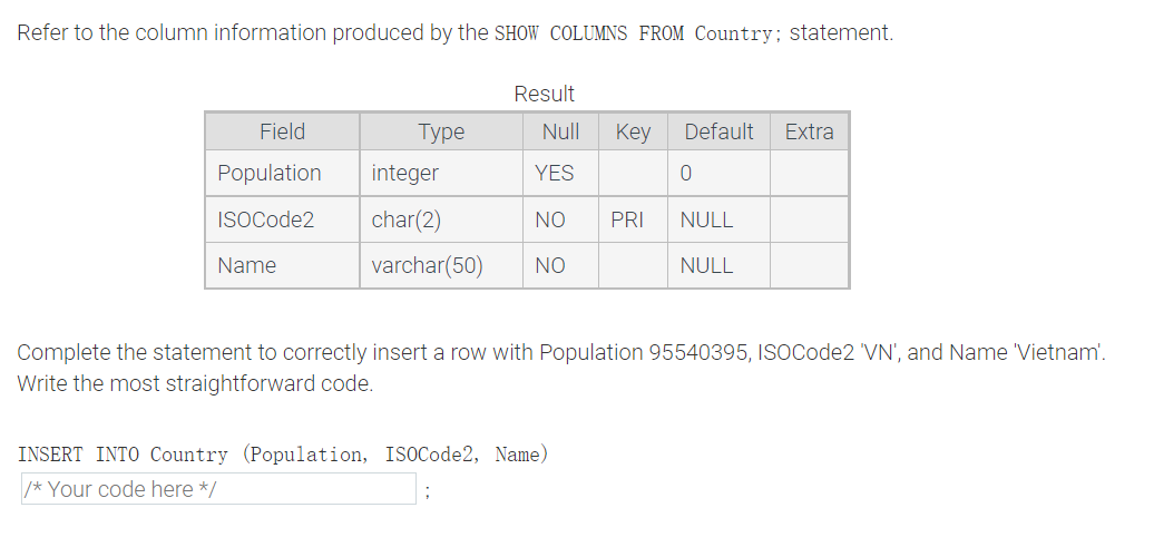 Solved Refer to the column information produced by the SHOW | Chegg.com