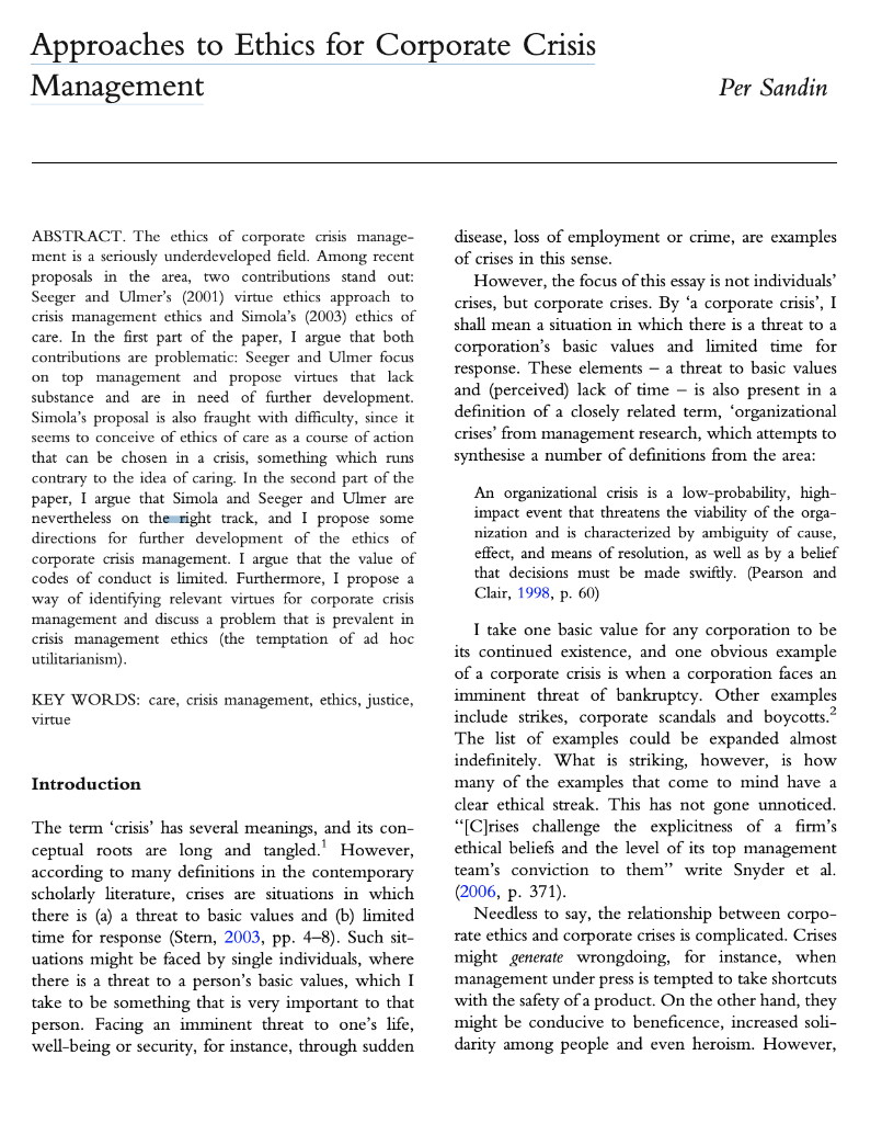 Solved Read Approaches to Ethics for Corporate Crisis | Chegg.com