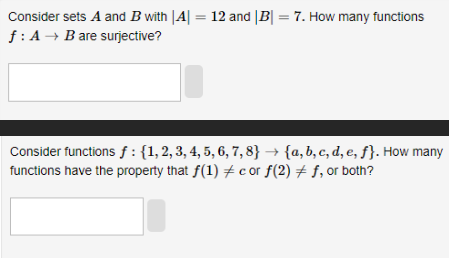 Solved Consider sets A and B with ∣A∣=12 and ∣B∣=7. How many | Chegg.com