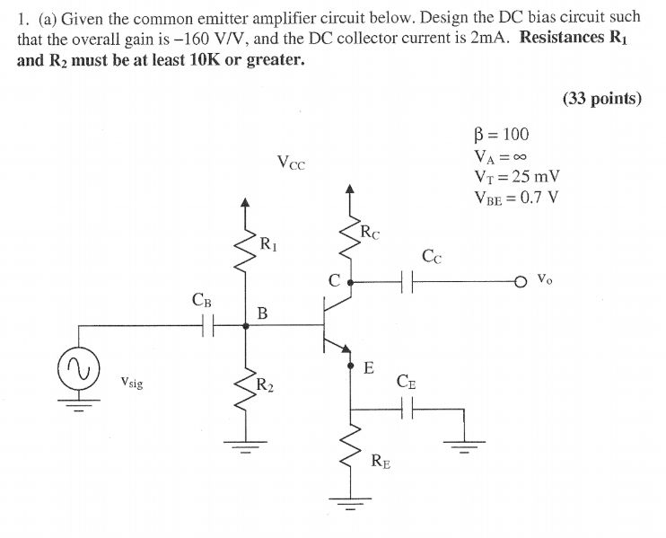 Solved 1. (a) Given the common emitter amplifier circuit | Chegg.com