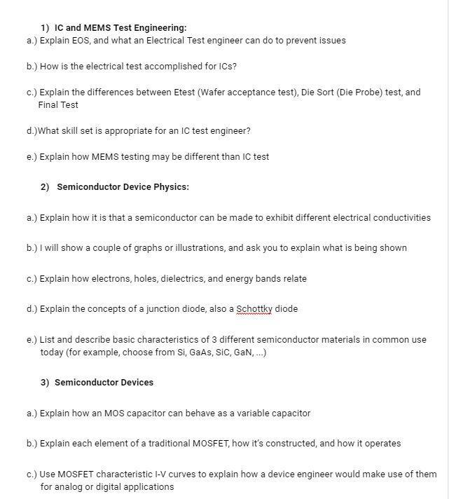Solved 1) IC and MEMS Test Engineering: a.) Explain EOS, and | Chegg.com
