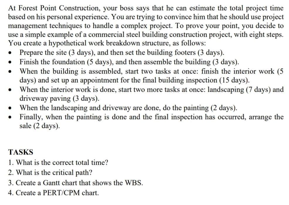 Solved At Forest Point Construction, your boss says that he | Chegg.com