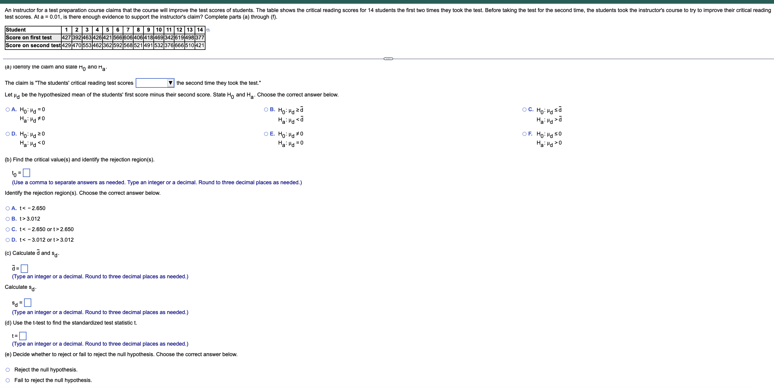 Solved The claim is "The students' critical reading test | Chegg.com