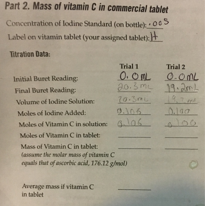 Solved Calculate the moles of vitamin C in tablet, the mass | Chegg.com