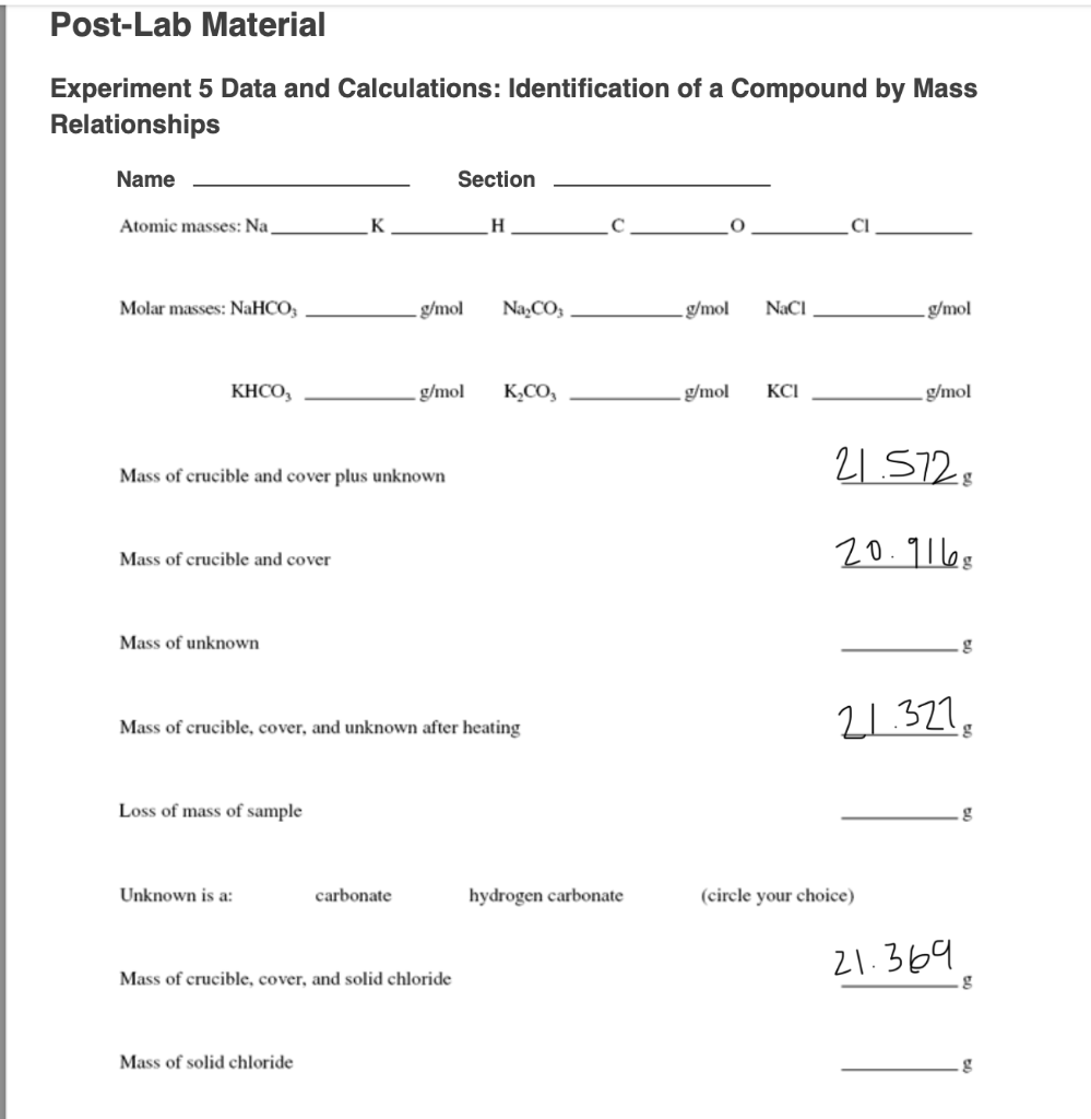 Post-Lab Material Experiment 5 Data and Calculations: | Chegg.com