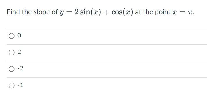 Solved Find the slope of y=2sin(x)+cos(x) at the point x=π. | Chegg.com