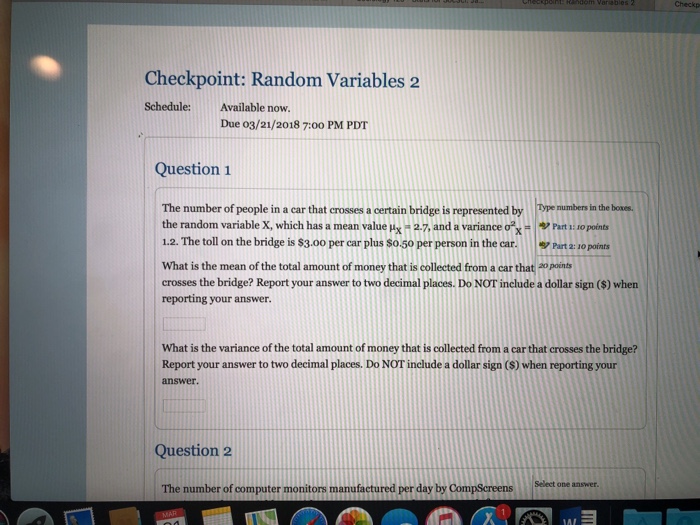 Solved Checkp Checkpoint: Random Variables 2 | Chegg.com