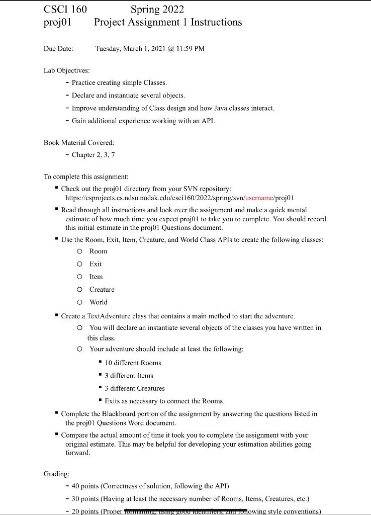 Solved CSCI 160 projo1 Spring 2022 Project Assignment 1 | Chegg.com