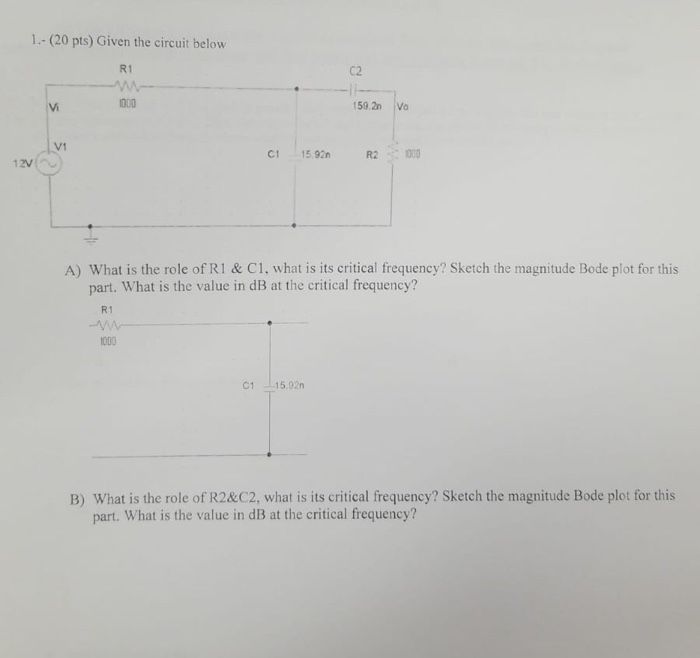 Solved 1.- (20 pts) Given the circuit below R1 C2 Vi C1 | Chegg.com