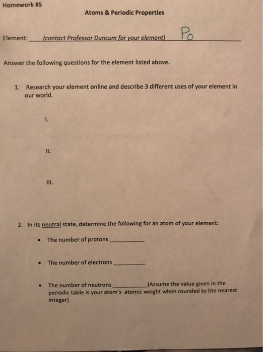 Solved Homework #5 Atoms & Periodic Properties Po Element: | Chegg.com