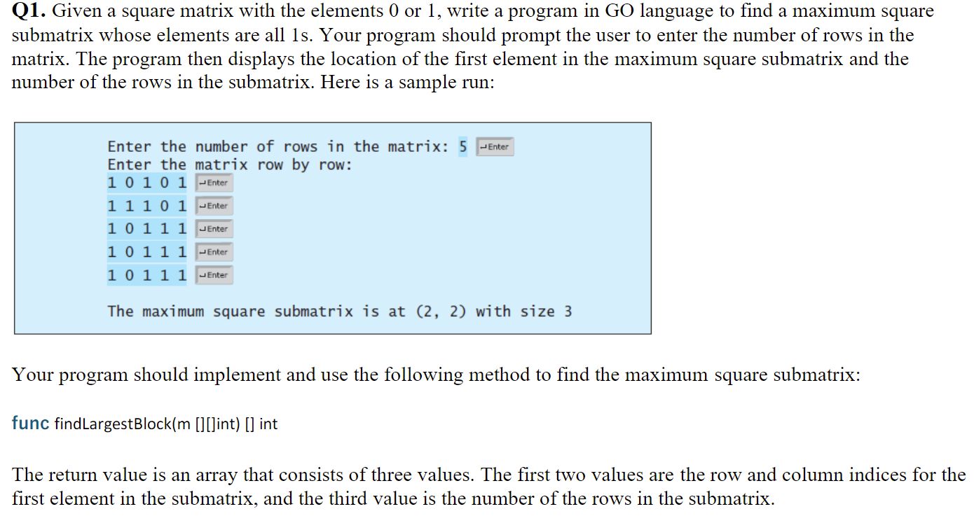 Solved Q1. Given a square matrix with the elements 0 or 1 , | Chegg.com