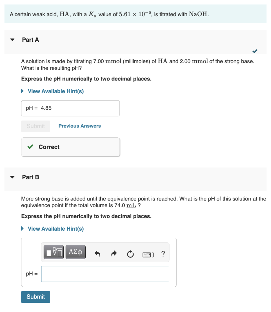 Solved A certain weak acid, HA, with a Ka value of | Chegg.com