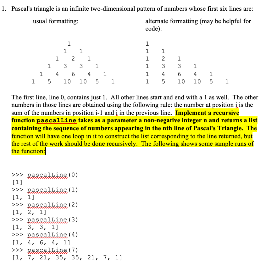 Solved 1. Pascal's triangle is an infinite two-dimensional | Chegg.com