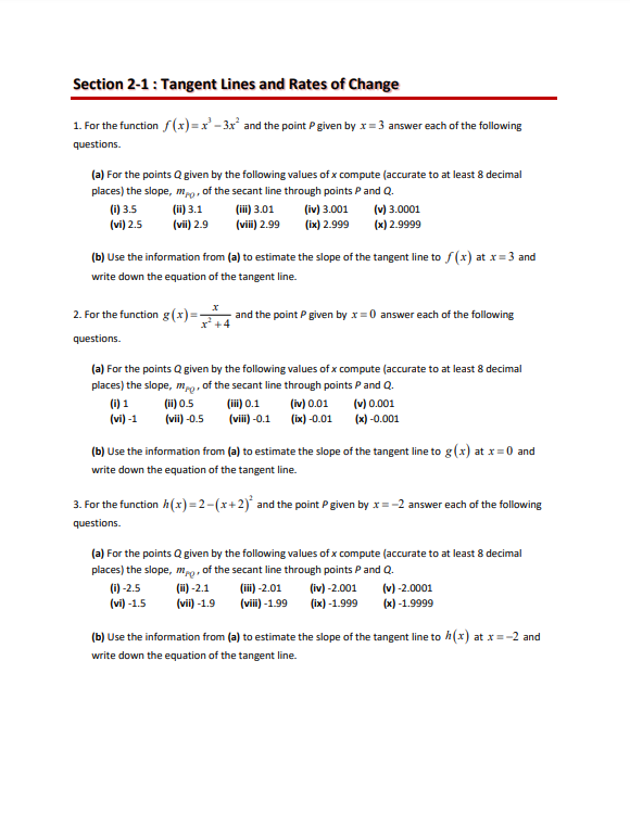 Solved Section 2-1: Tangent Lines and Rates of Change 1. For | Chegg.com