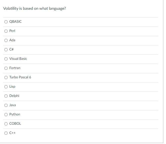 Solved Volatility is based on what language? QBASIC Perl Ada | Chegg.com