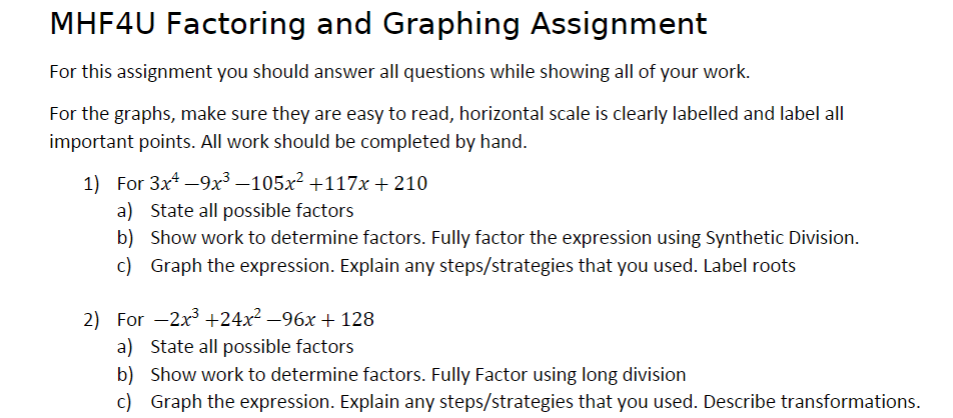 Solved MHF4U Factoring and Graphing Assignment For this | Chegg.com