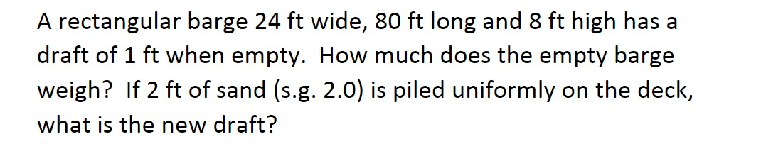 A rectangular barge 24 ft wide, 80 ft long and 8 ft | Chegg.com