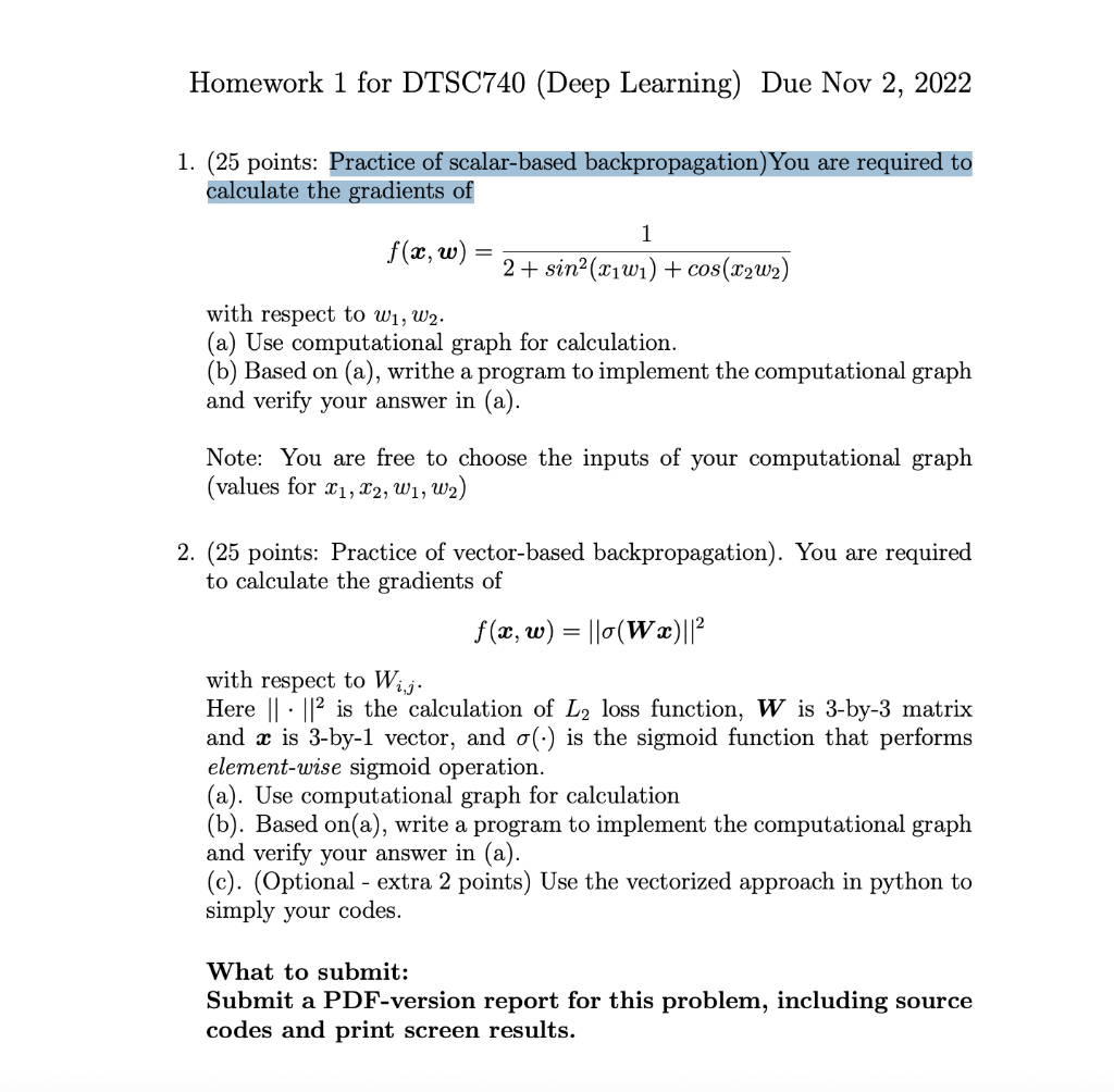 Homework 1 for DTSC740 (Deep Learning) Due Nov 2, | Chegg.com