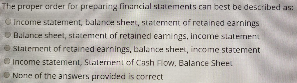 Solved The proper order for preparing financial statements | Chegg.com