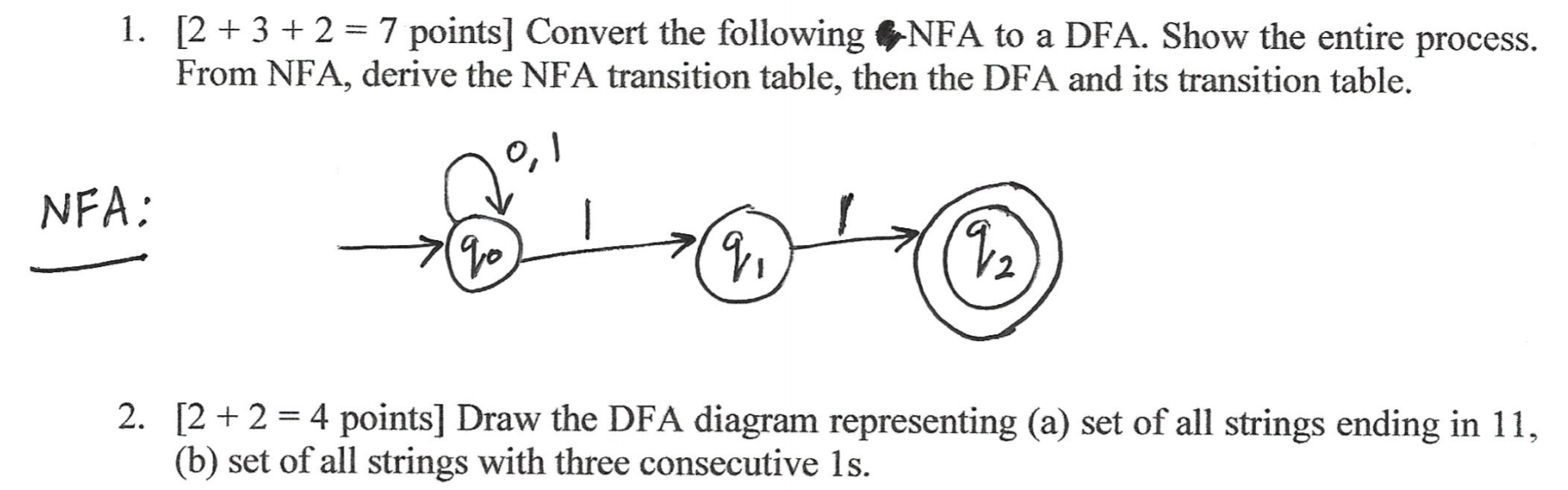 Solved 1. [2 + 3 + 2 = 7 points] Convert the following NFA | Chegg.com