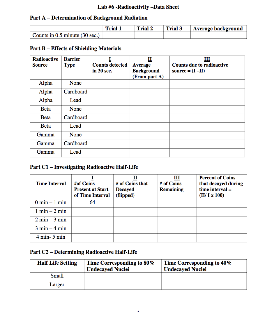 Lab \#6 -Radioactivity -Data Sheet Part A - | Chegg.com
