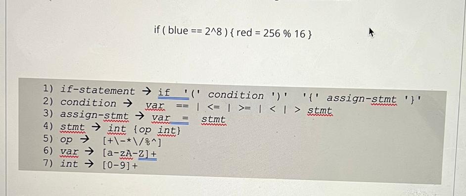 Solved if ( blue ==2∧8){ red =256%16} 1) if-statement → if ' | Chegg.com