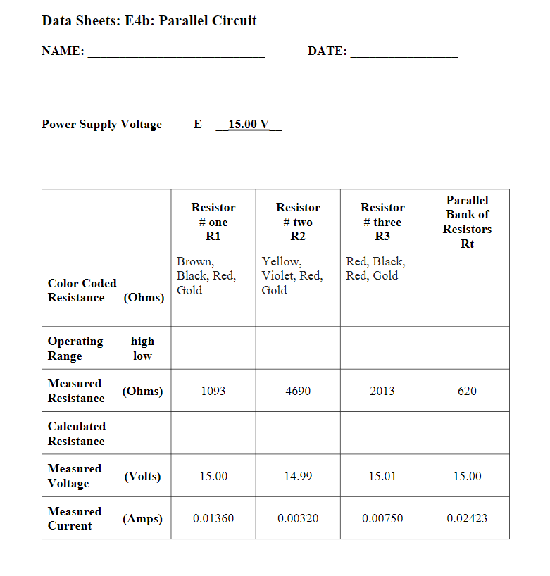 Solved Data Sheets: E4b: Parallel Circuit NAME: DATE: Power | Chegg.com