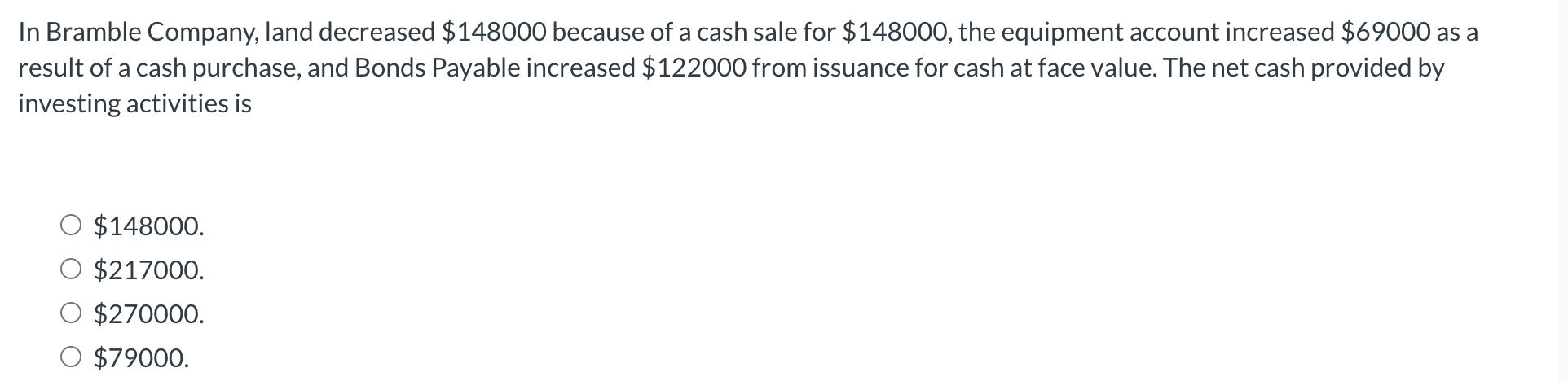 Solved In Bramble Company, land decreased $148000 because of | Chegg.com