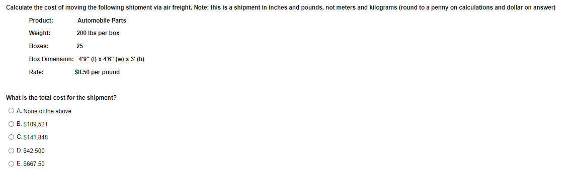 Solved Calculate the cost of moving the following shipment | Chegg.com