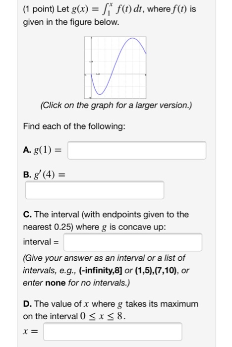 Solved (1 point) Let g(x) = f f(t) dt, where f(t) is given | Chegg.com