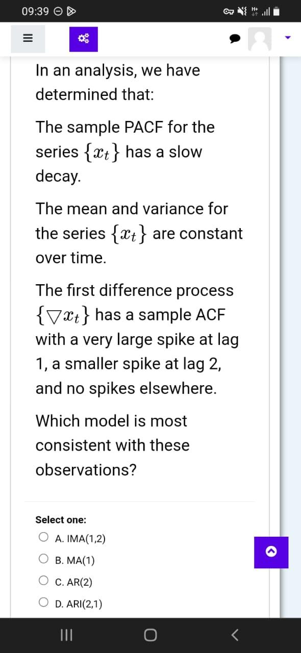 Solved determined that: The sample PACF for the series {xt} | Chegg.com