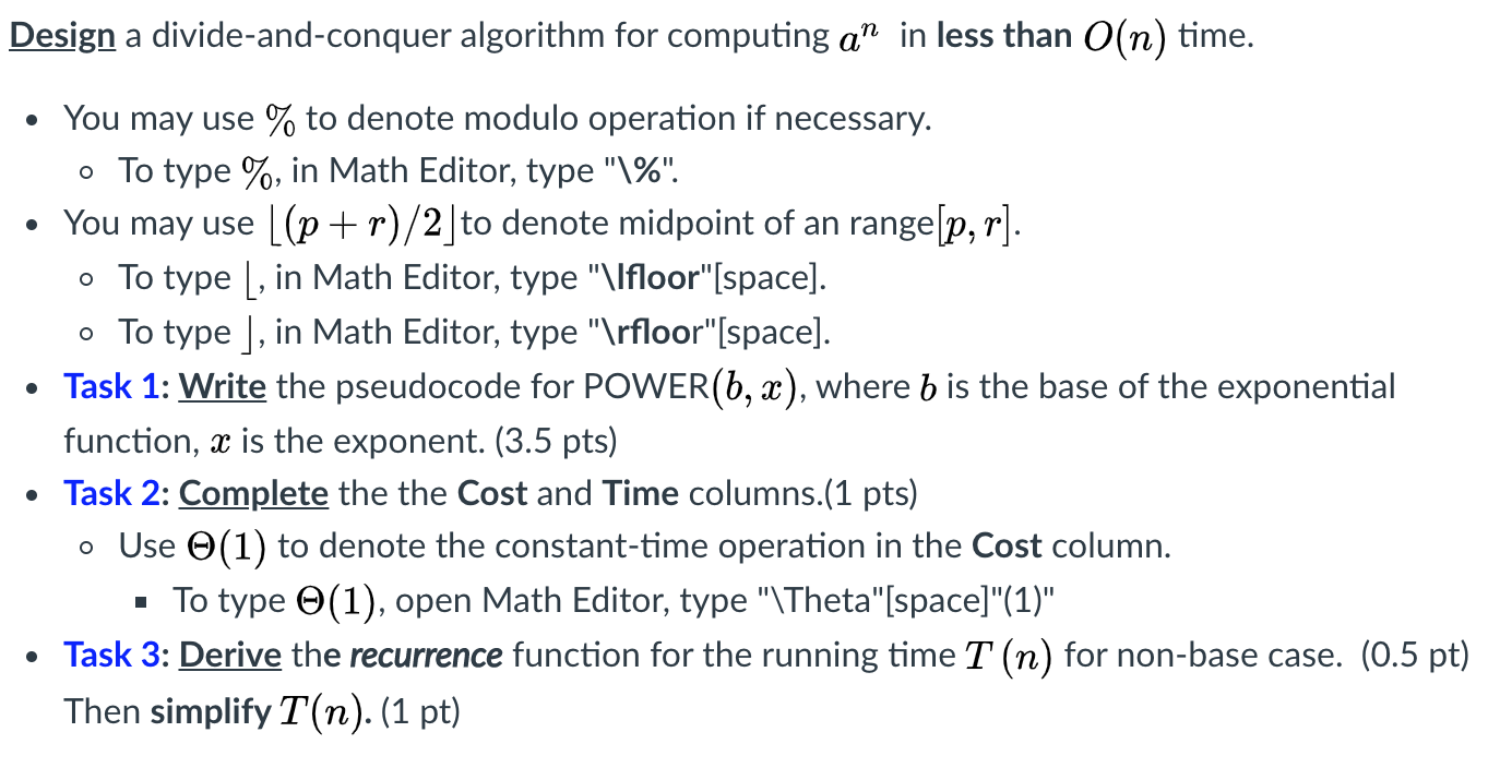 Solved Design a divide-and-conquer algorithm for computing | Chegg.com