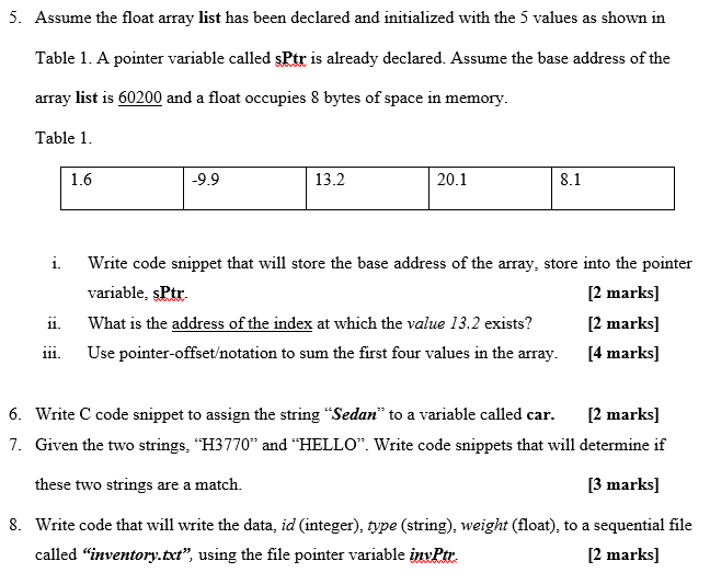 Solved 5. Assume the float array list has been declared and | Chegg.com