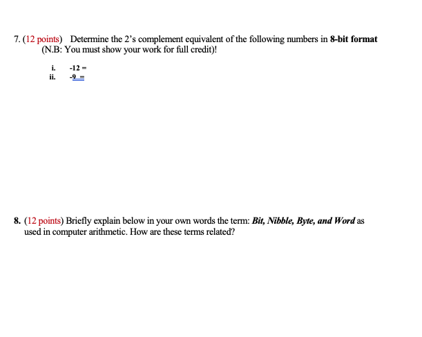 Solved 7. (12 points) Determine the 2's complement | Chegg.com