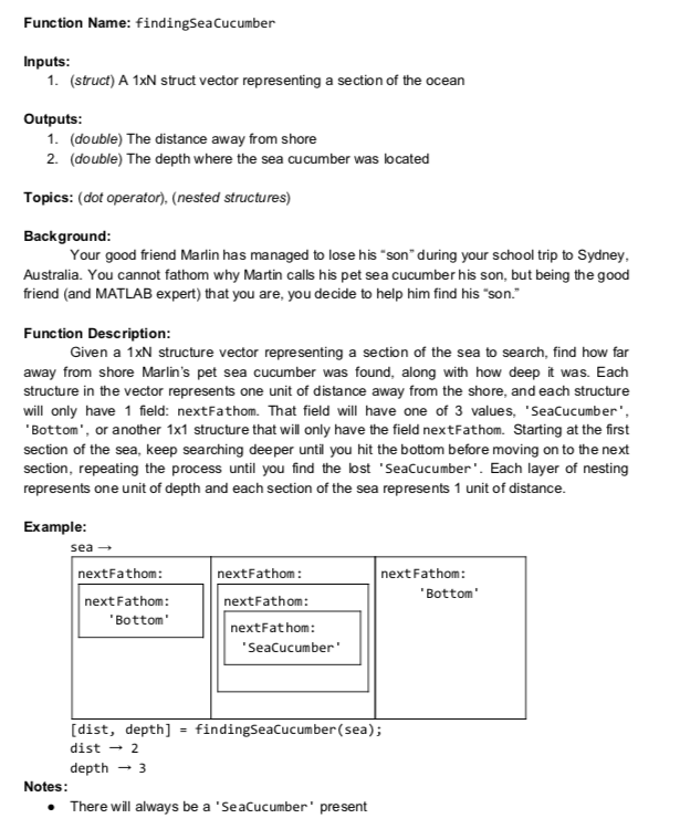 Solved Function Name: findingSeaCucumber Inputs: 1. (struct) | Chegg.com